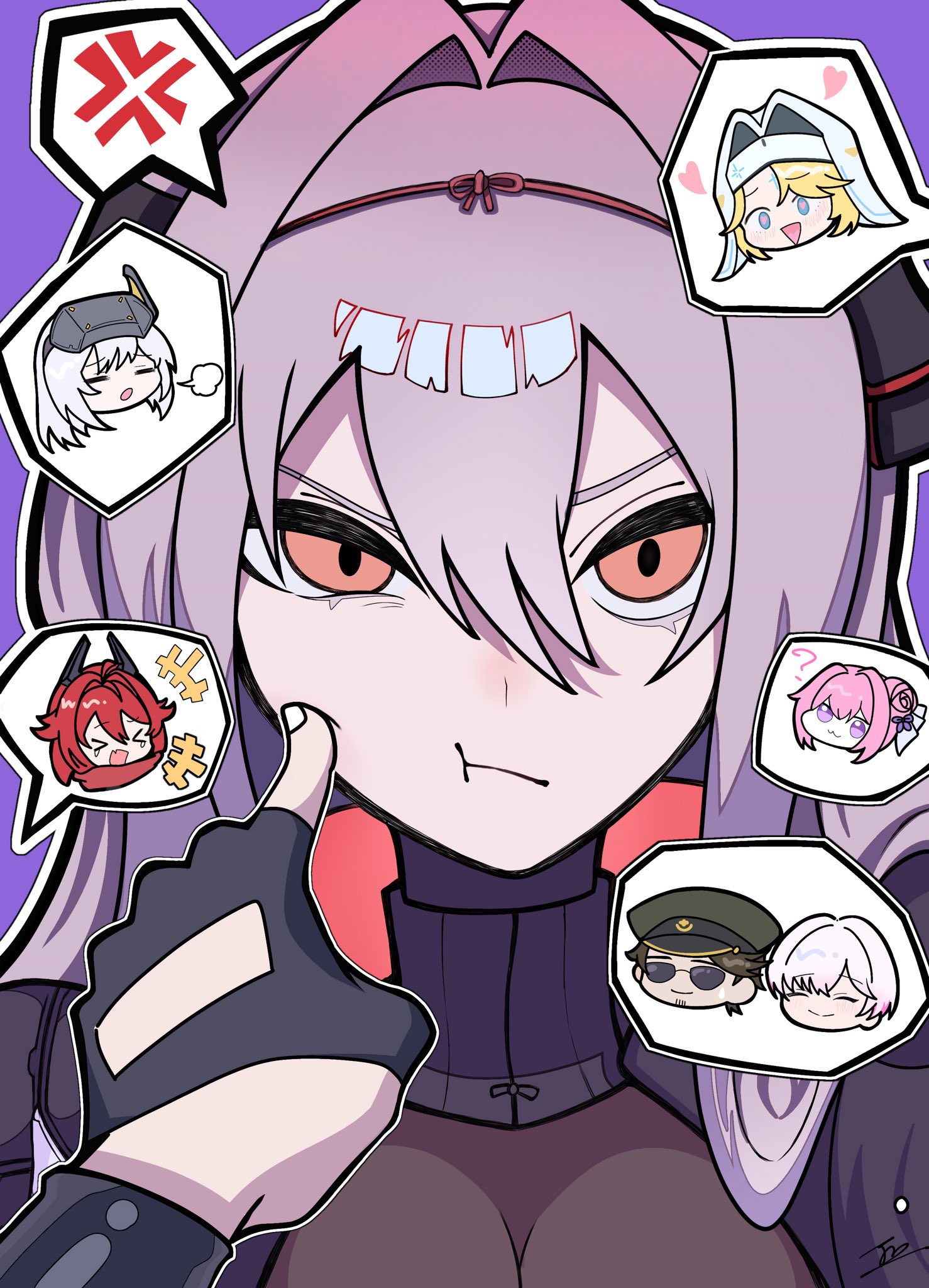 Safebooru - :3 ? anger vein angry black gloves blonde hair blue eyes brown hair cheek poking ...