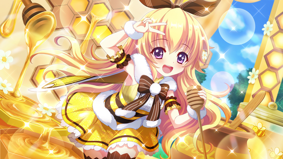 Safebooru - 1girl :d arm up armband bee blonde hair blue sky bow ...