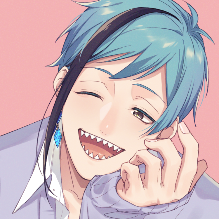 Safebooru - 1boy blue hair brown eyes cardigan floyd leech grey cardigan looking at viewer male ...