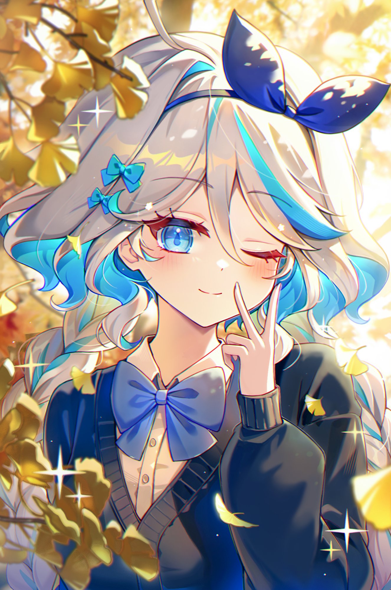 Safebooru - 1girl alternate costume alternate hairstyle blue bow blue bowtie blue cardigan blue ...