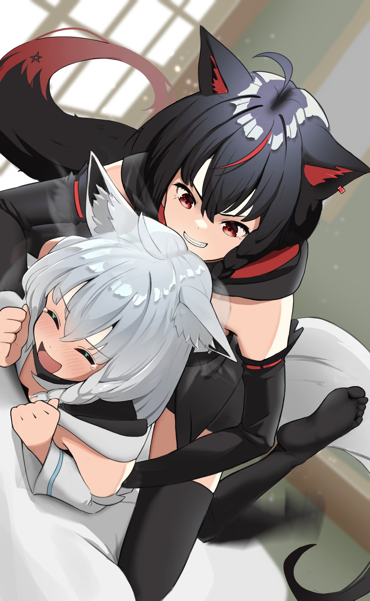 Safebooru - 2girls afterimage ahoge animal ear fluff animal ear piercing animal ears black ...