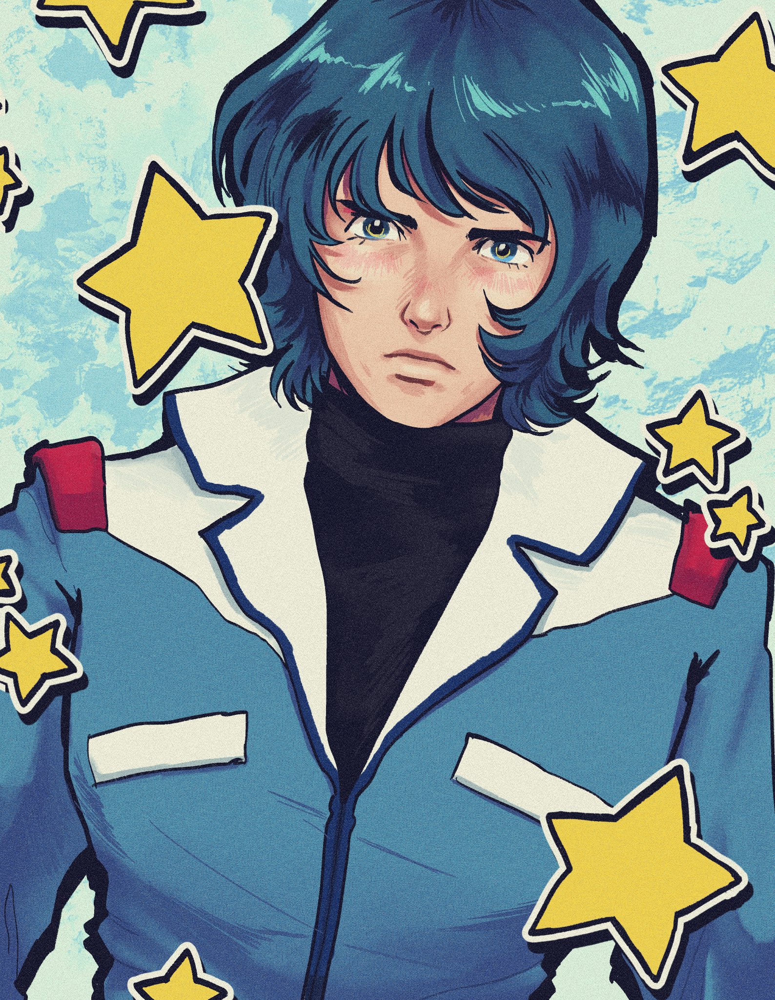 Safebooru - 1boy blue eyes blue hair bob cut closed mouth english commentary expressionless ...