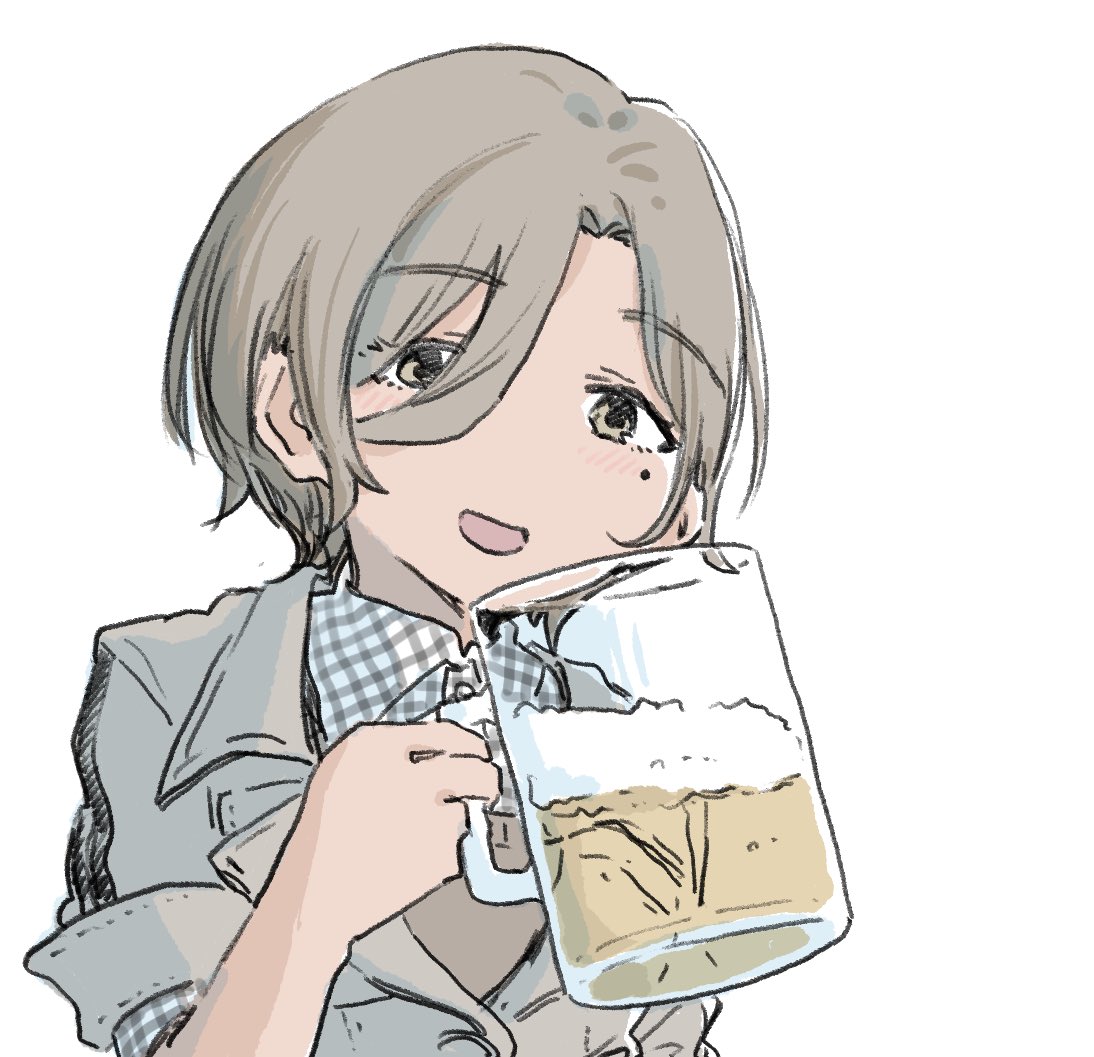 Safebooru - 1girl alcohol beer beer mug checkered clothes checkered ...