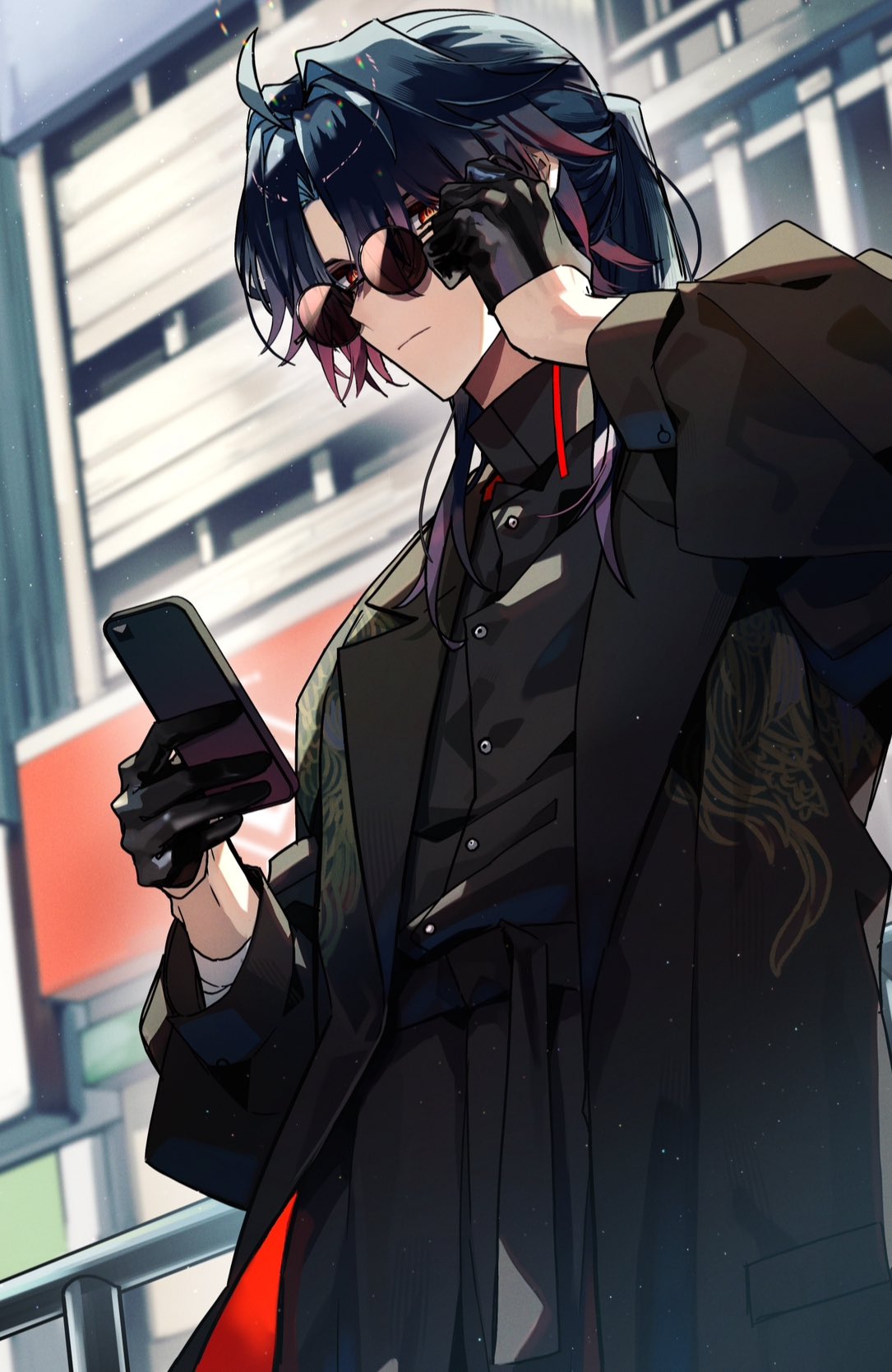 Safebooru - 1boy adjusting eyewear alternate costume backlighting bandaged arm bandages black ...