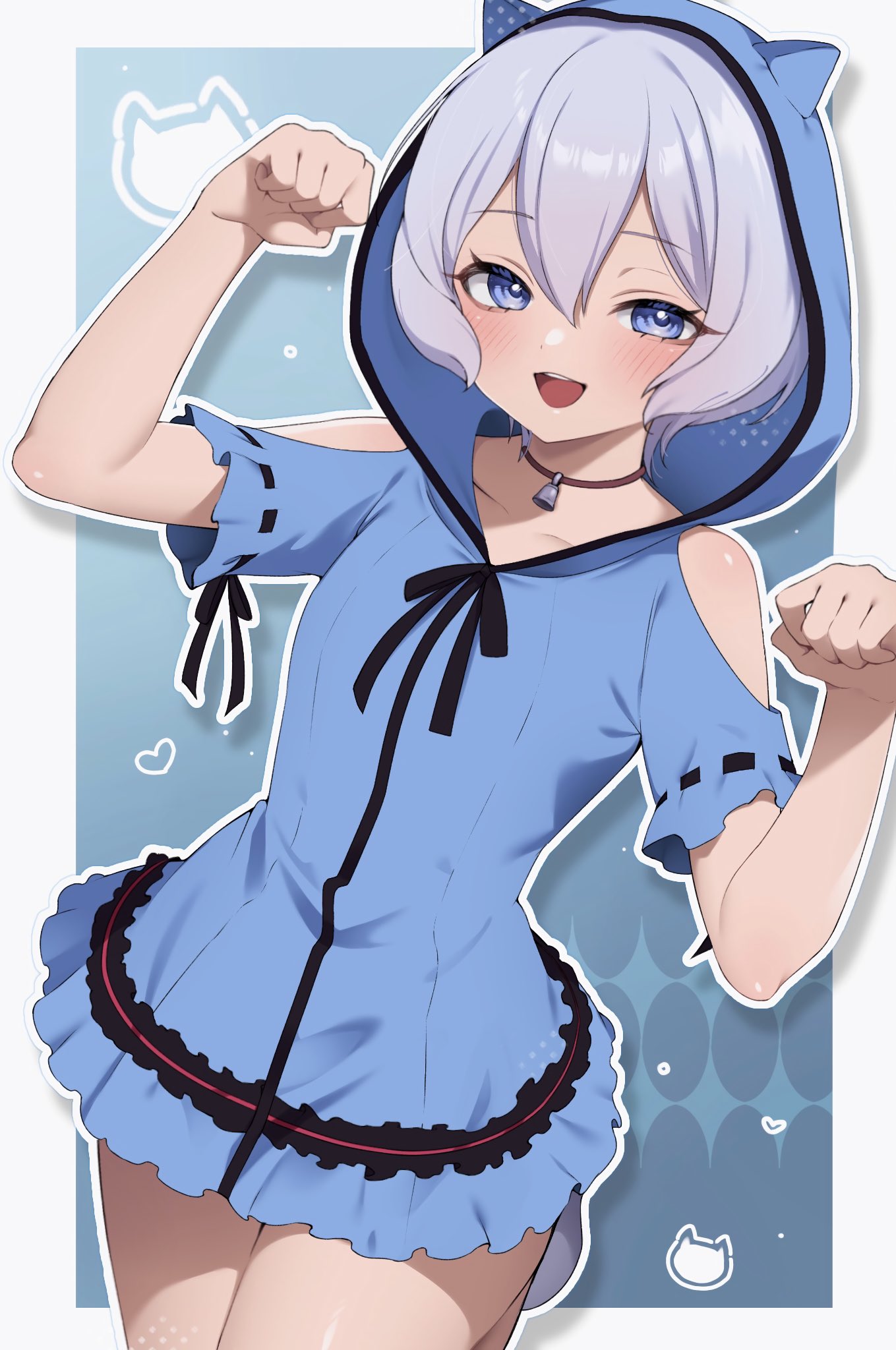 Safebooru - 1girl animal ear hood animal print bare shoulders blue background blue dress blue ...