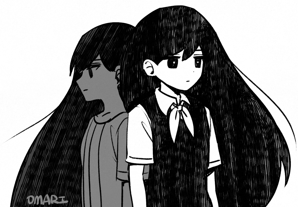 Safebooru - 1girl black hair character name colored skin expressionless long hair looking at ...