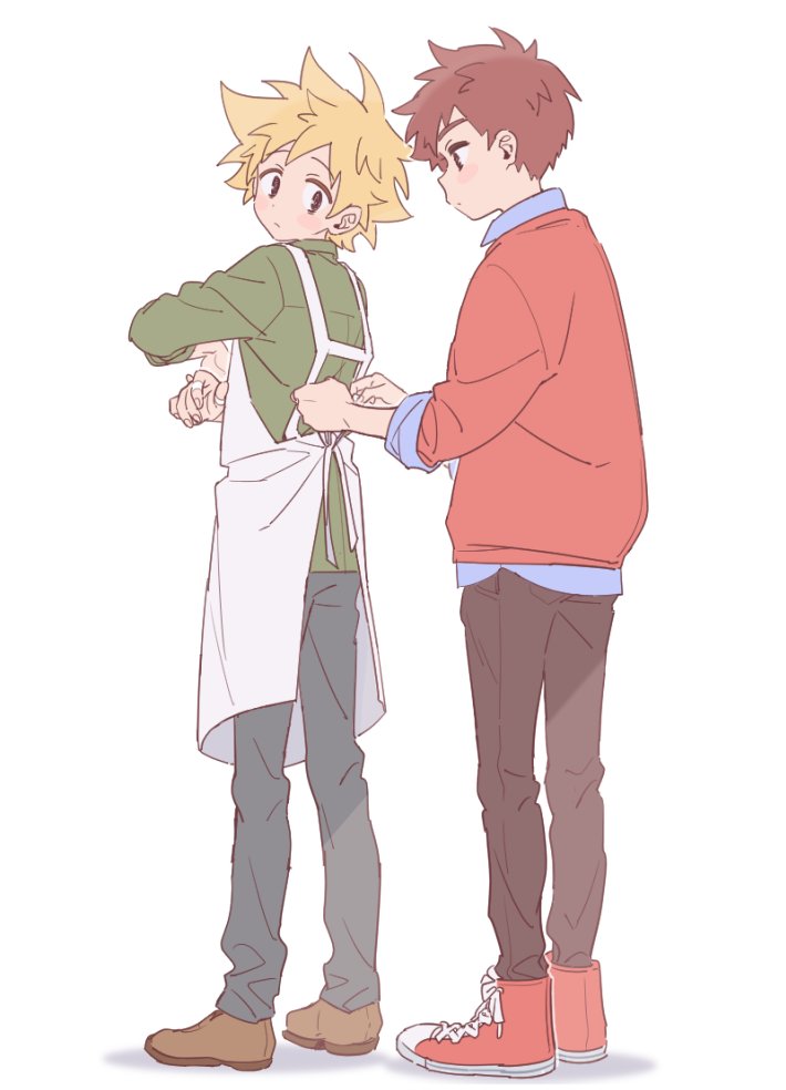 Safebooru - 2boys adjusting another's clothes apron blonde hair brown ...