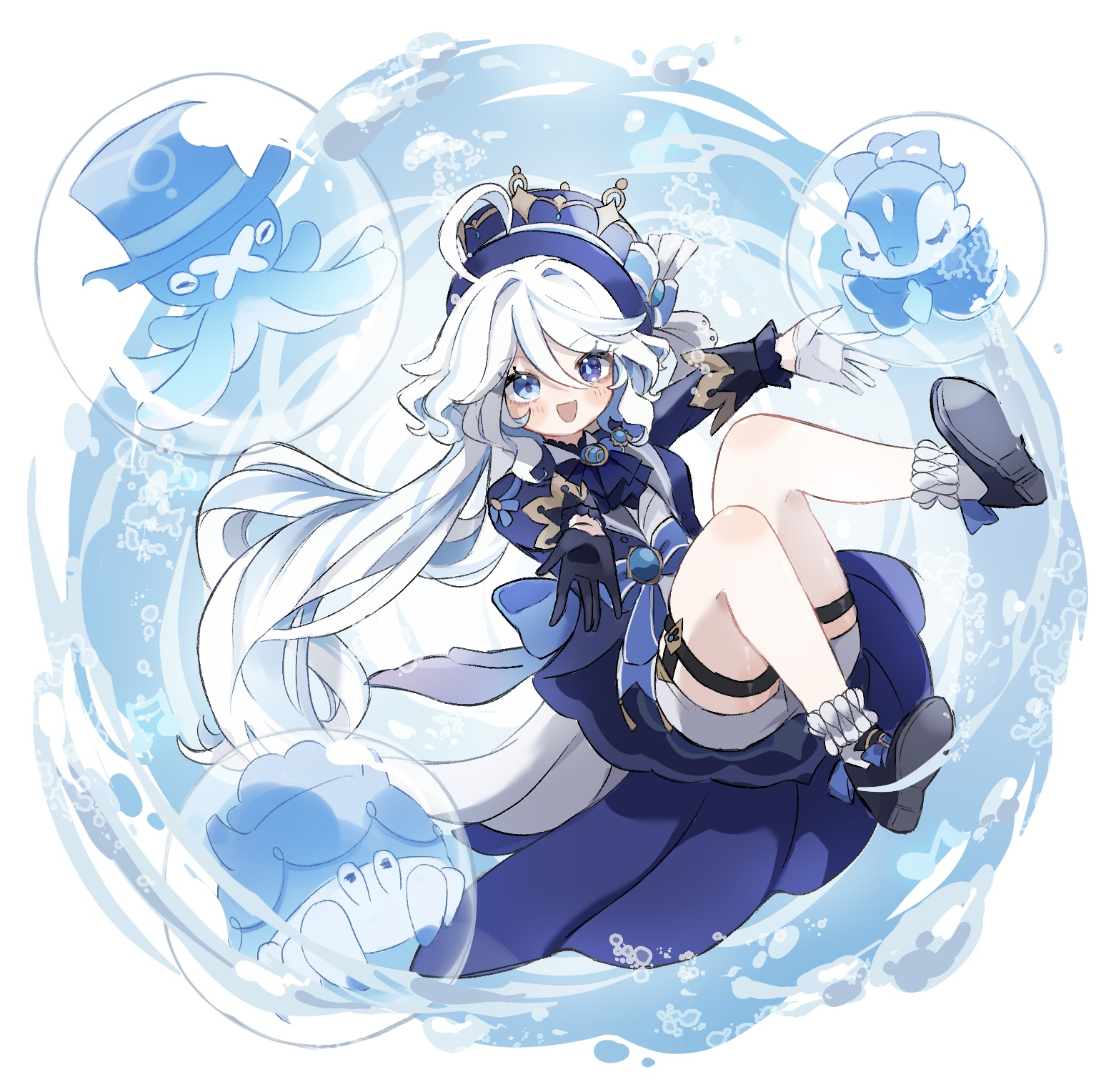 Safebooru - 1girl :d ahoge ascot asymmetrical gloves back bow black footwear black gloves blue ...