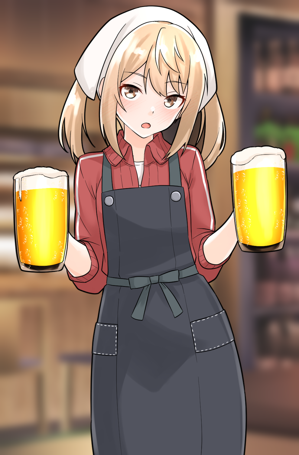 Safebooru - 1girl alcohol apron beer beer mug black apron blonde hair blurry blurry background ...