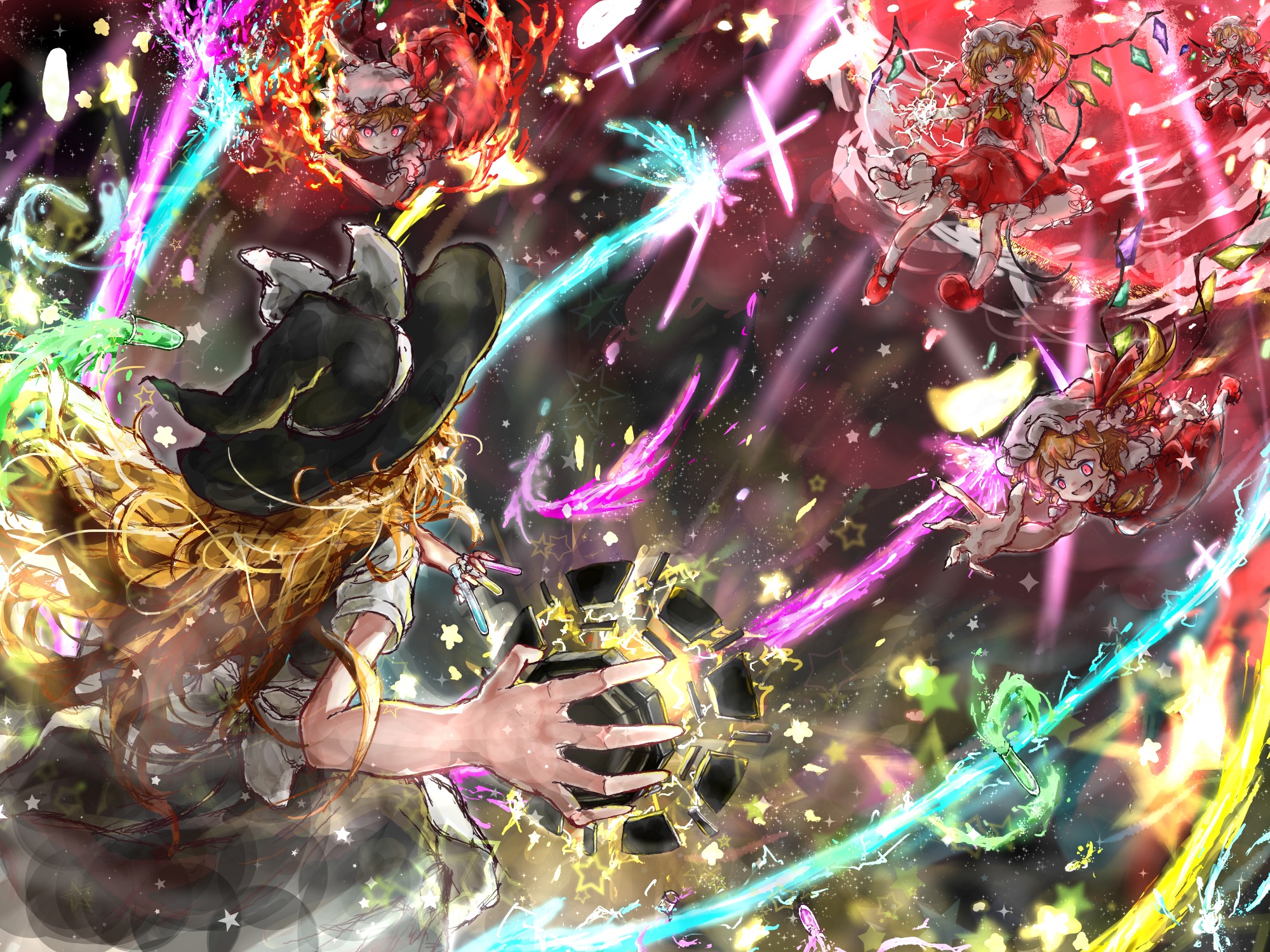 Safebooru - 5girls ascot attack back bow bad leg battle black hat black skirt black vest blonde ...