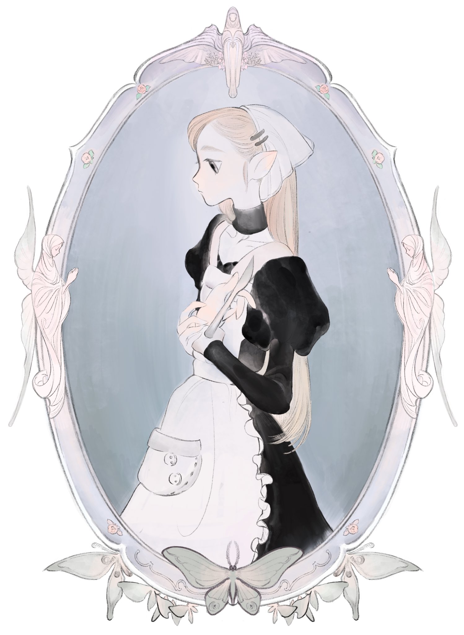 Safebooru - 1girl angel apron asymmetrical bangs black dress blonde ...