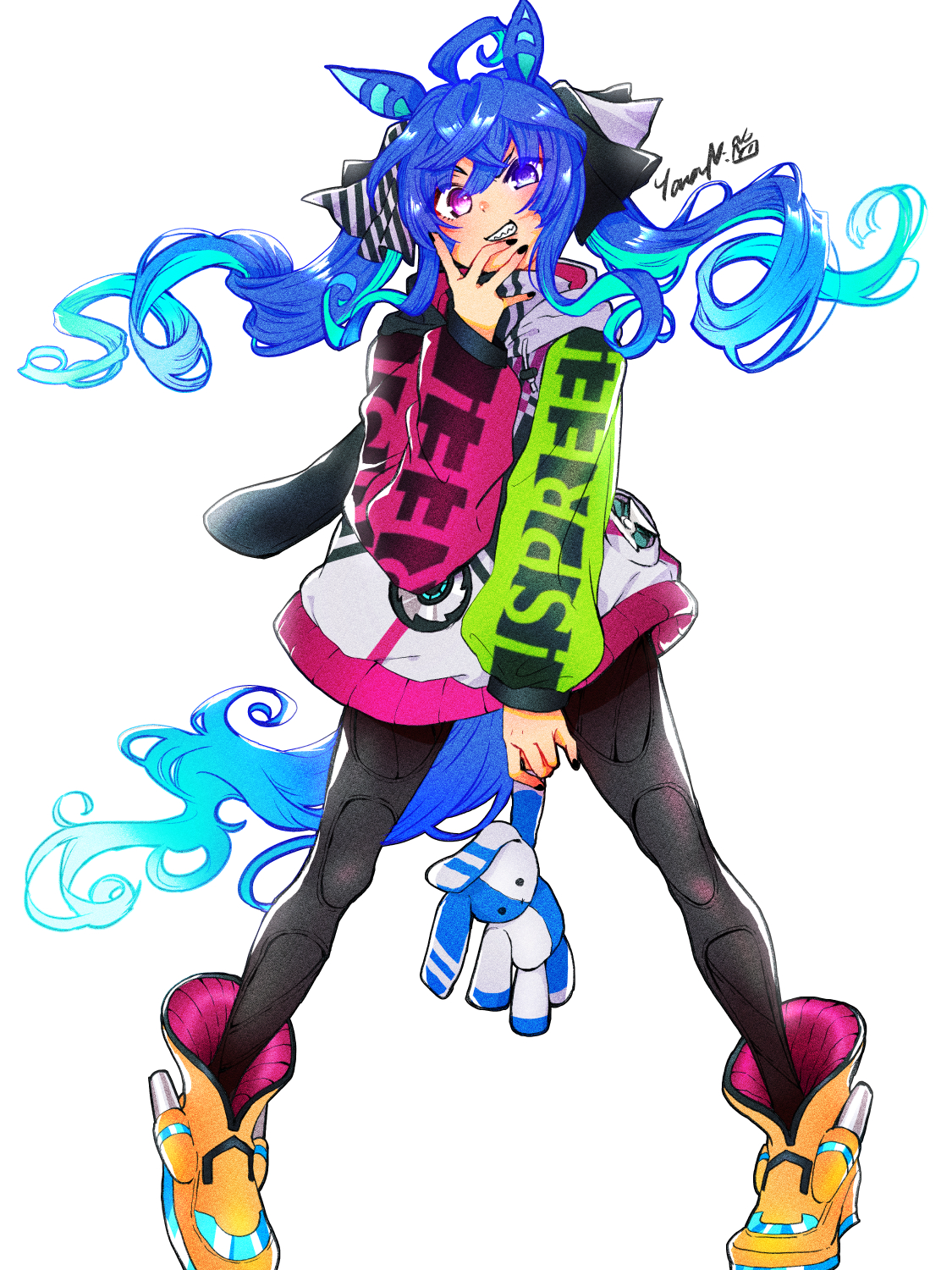 Safebooru - 1girl @ @ ahoge animal ears animal hood aqua hair black leggings black nails blue ...