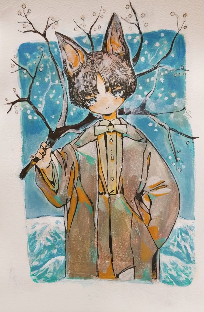Safebooru - 1boy animal ears blue background blue sky branch breath brown coat brown hair closed ...