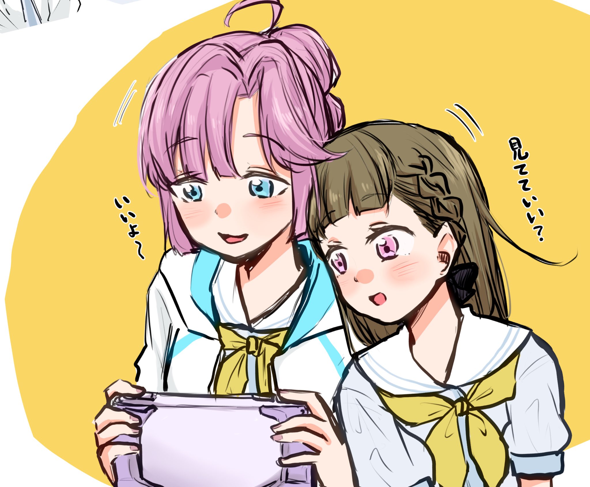 Safebooru - 2girls ahoge anyoji hime black bow blue dress blue eyes ...