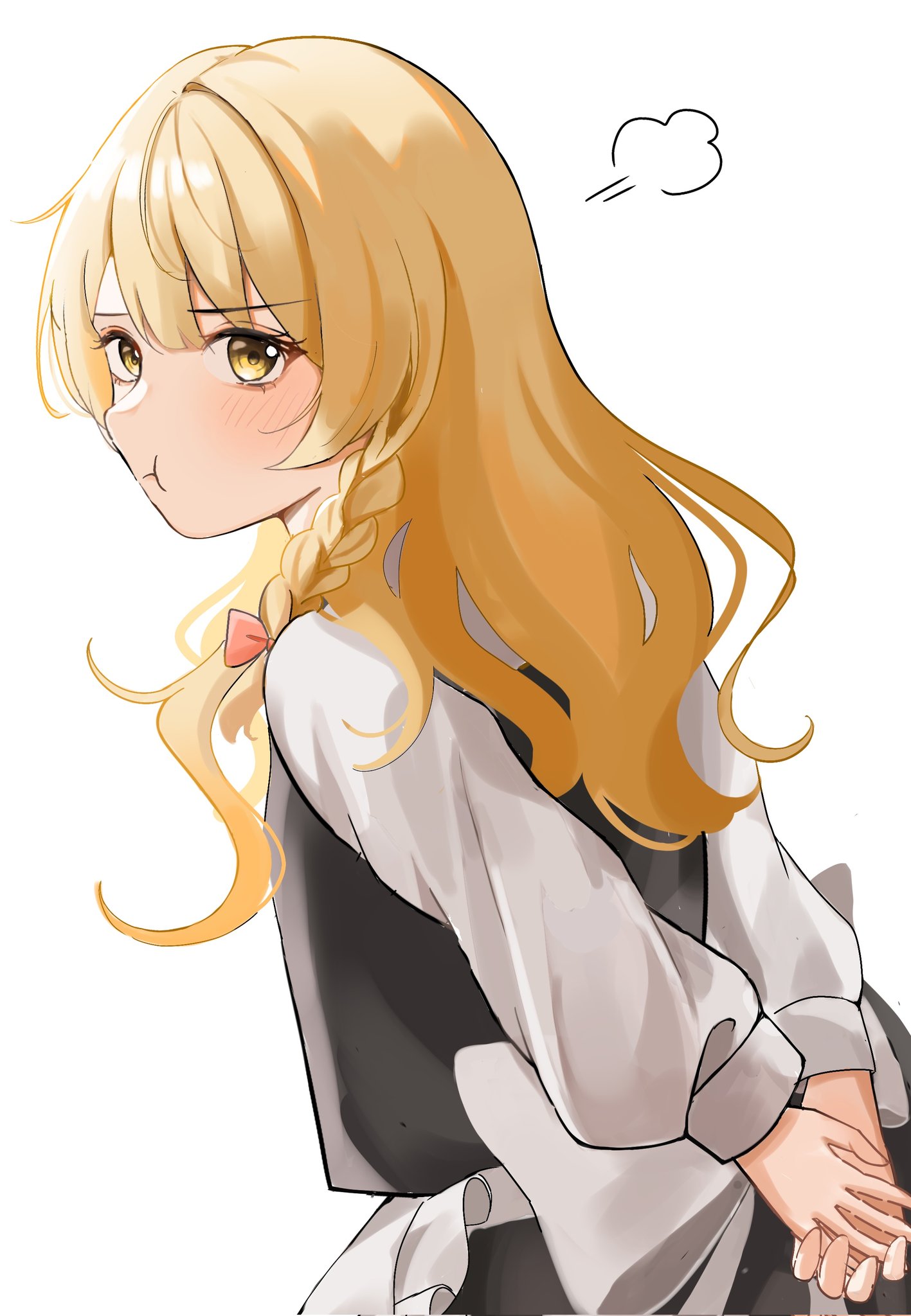 Safebooru - 1girl :t apron arms behind back back bow black skirt black vest blonde hair bow ...