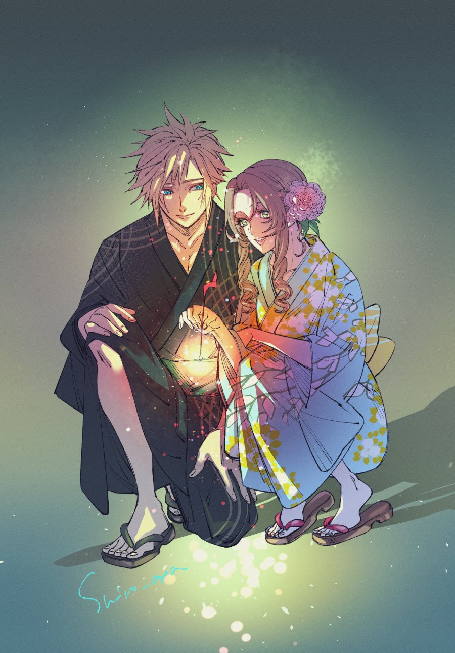 Safebooru - 1boy 1girl aerith gainsborough alternate costume aqua eyes artist name black kimono ...
