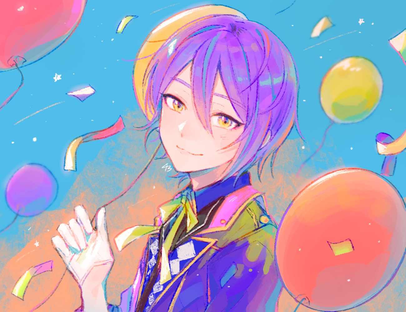 Safebooru - 1boy 43 pon balloon blue hair blue sky closed mouth green ...