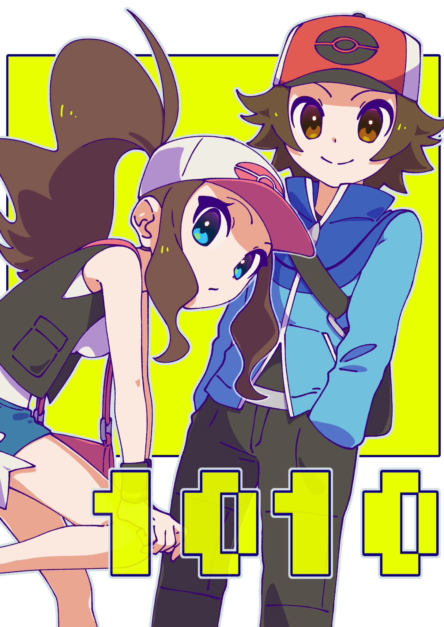 Safebooru - 1boy 1girl bag baseball cap black pants black vest blue eyes blue jacket blue shorts ...