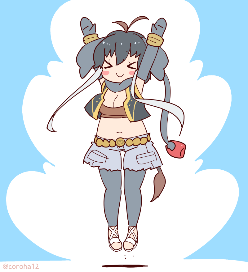 Safebooru - 1girl animal ears arms up belt blue background borneo elephant (kemono friends ...