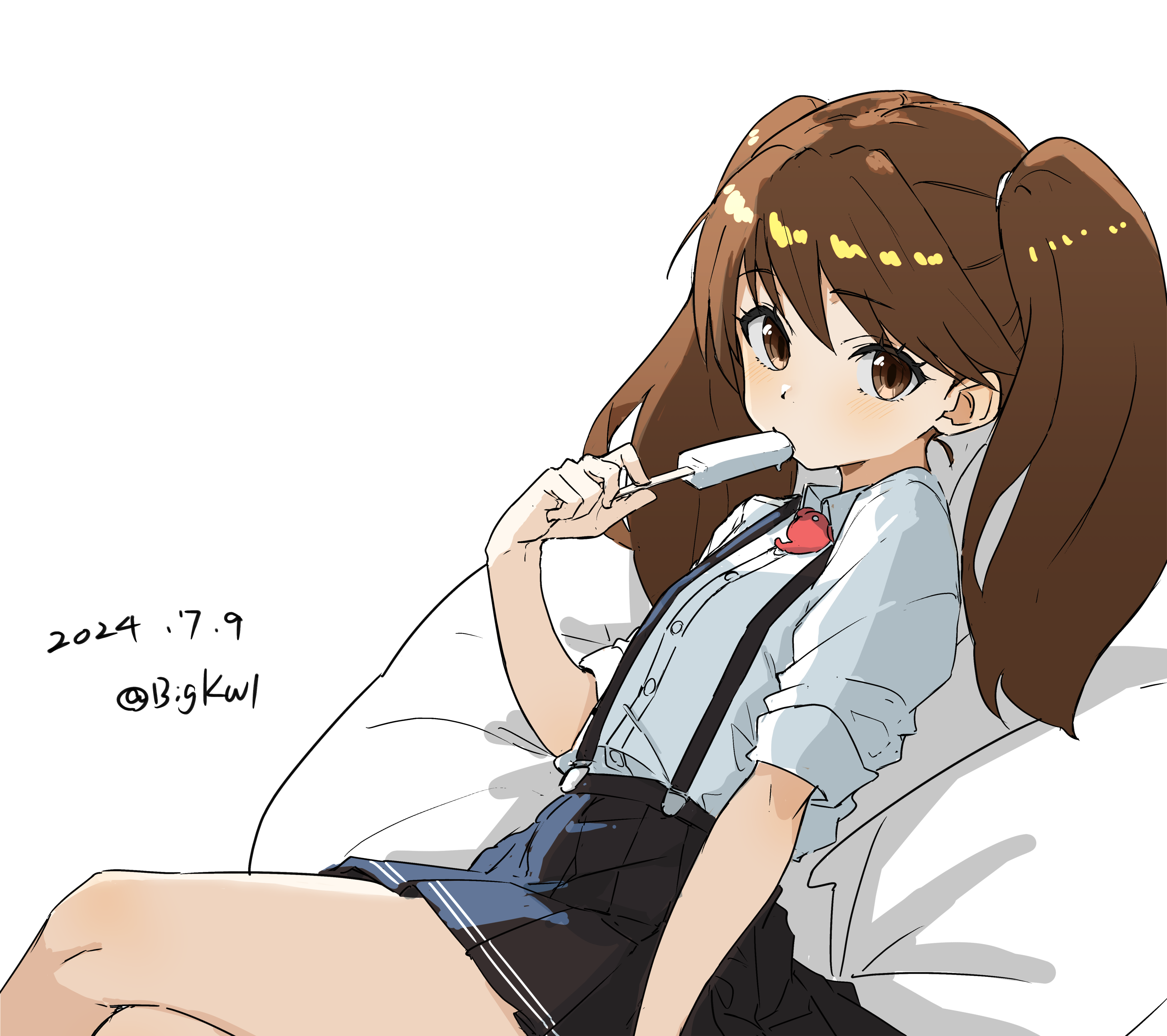 Safebooru - 1girl absurdres bigkwl black skirt brown eyes brown hair food highres holding ...
