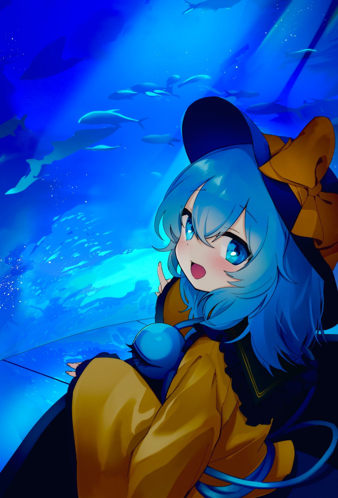 Safebooru - 1girl animal aquarium black hat blue eyes blush fish frilled sleeves frills green ...