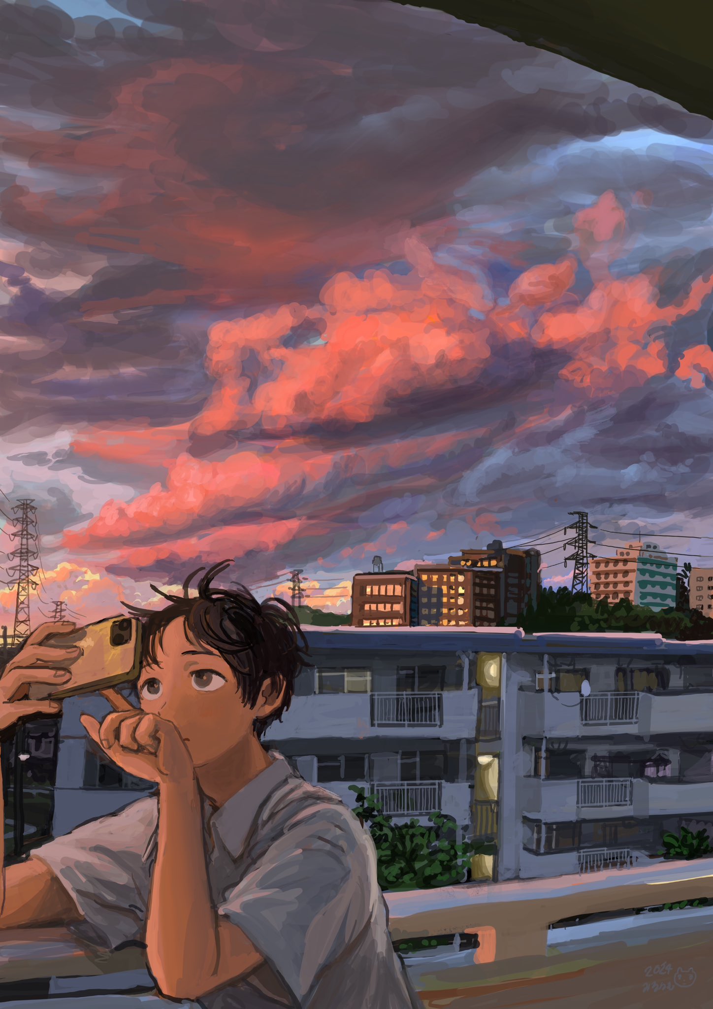 Safebooru - 1boy against railing apartment arm rest bangs blown up black hair brown eyes closed ...