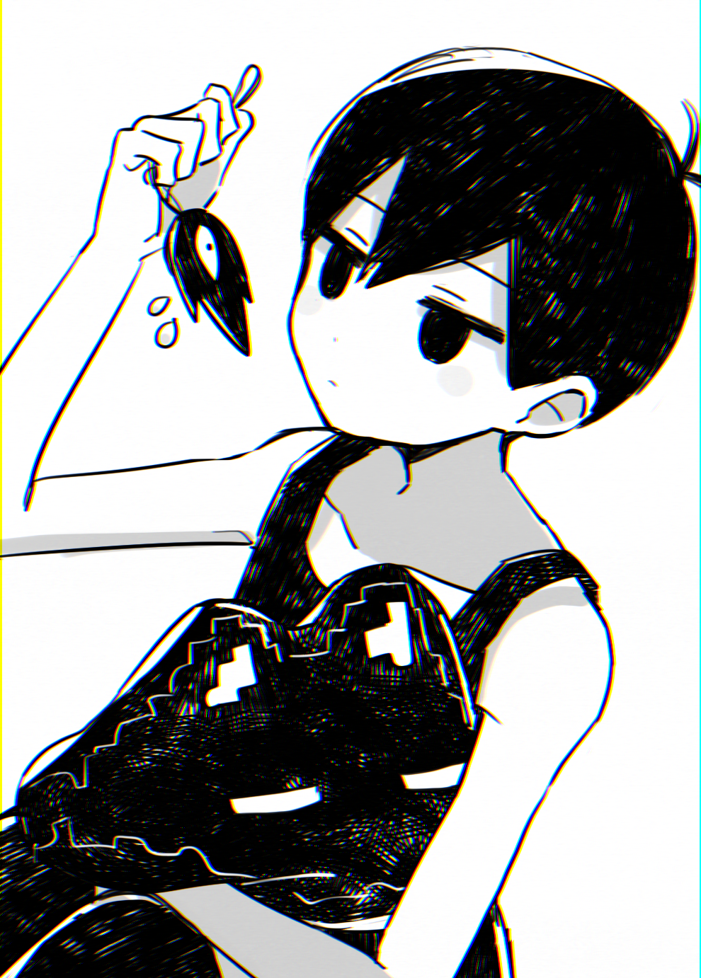 Safebooru - antenna hair bare arms bare shoulders black eyes black hair black sweater vest black ...