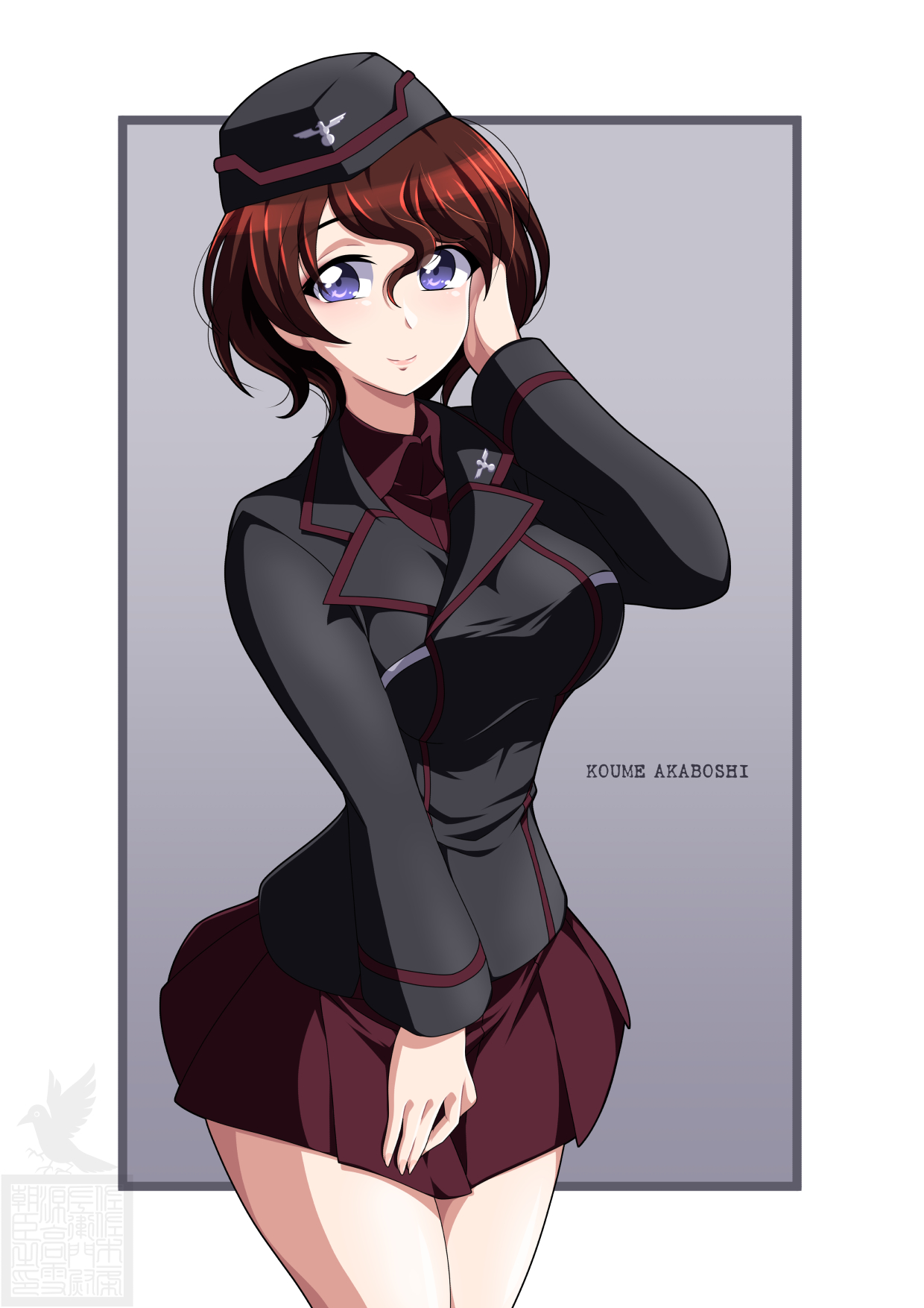 Safebooru - 1girl akaboshi koume artist logo black hat black jacket blue eyes brown hair ...