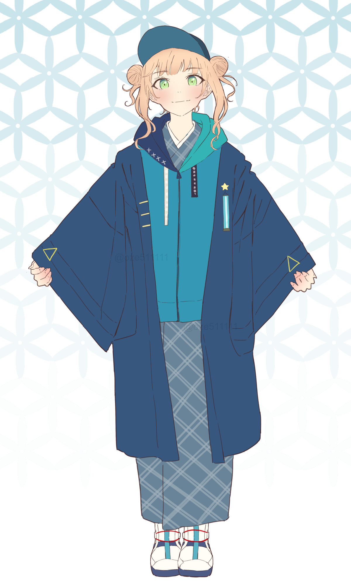 Safebooru - 1girl baseball cap blonde hair blue jacket blue kimono closed mouth double bun ...