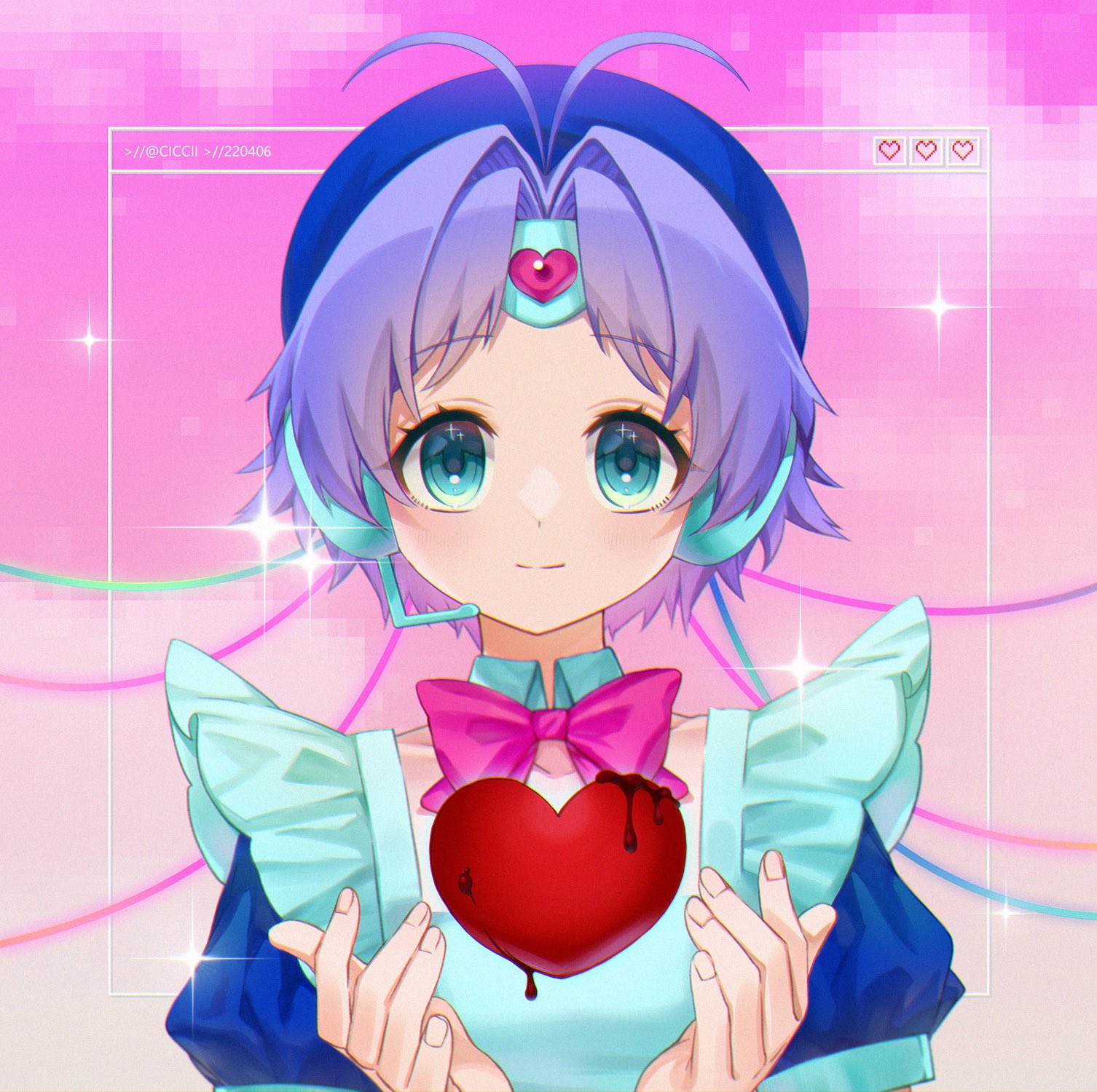 Safebooru - 1girl android antenna hair apron aqua eyes beret blue dress ...