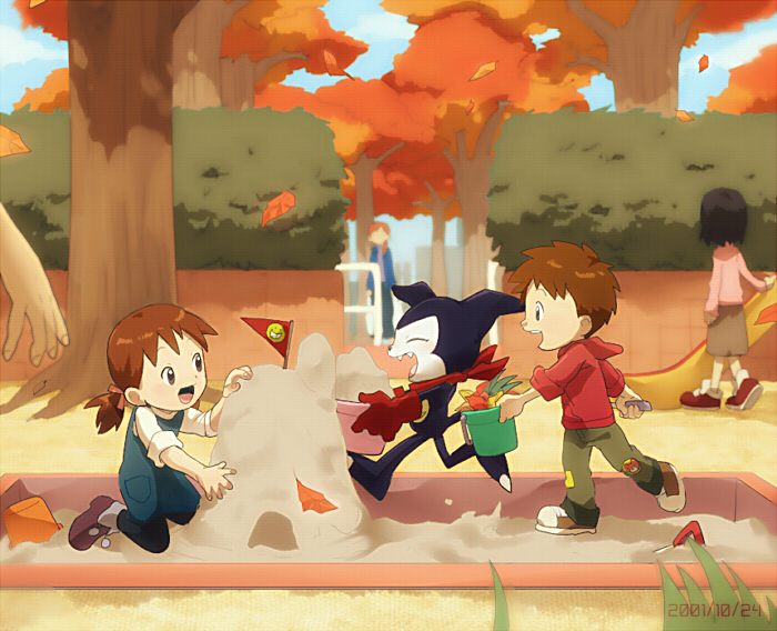 Safebooru - 1boy 1girl ai (digimon tamers) autumn autumn leaves brother and sister brown hair ...