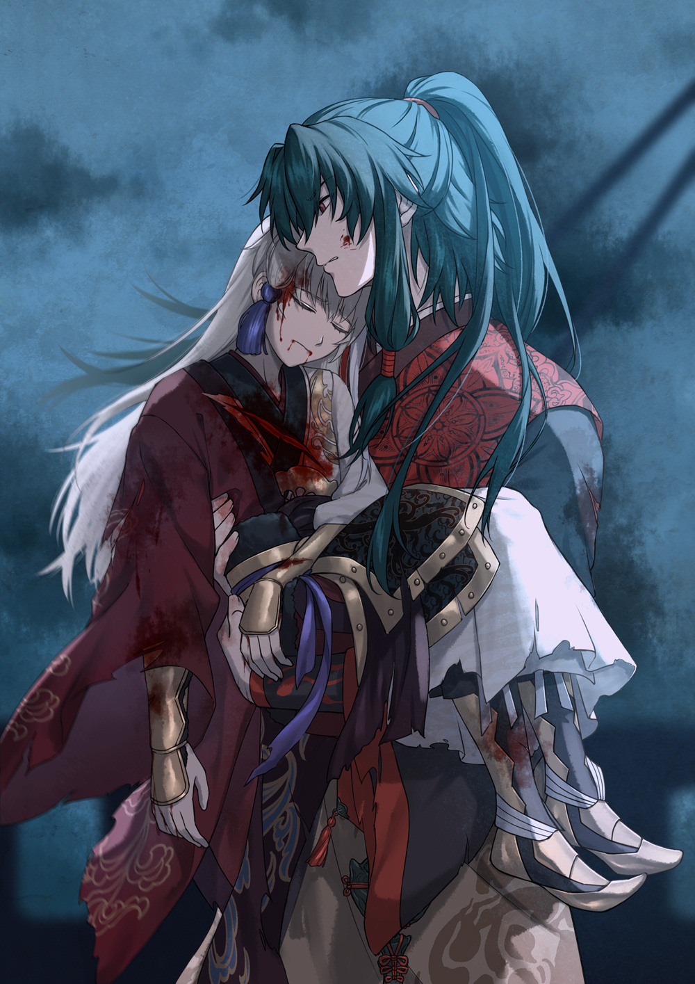 Safebooru - 2boys archer (fate/samurai remnant) arm guards armored boots black hanfu bleeding ...