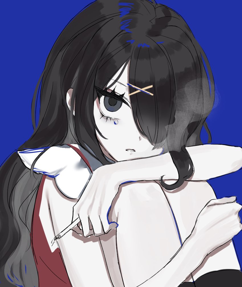 Safebooru - 1girl ame-chan (needy girl overdose) black eyes black hair blue background cigarette ...