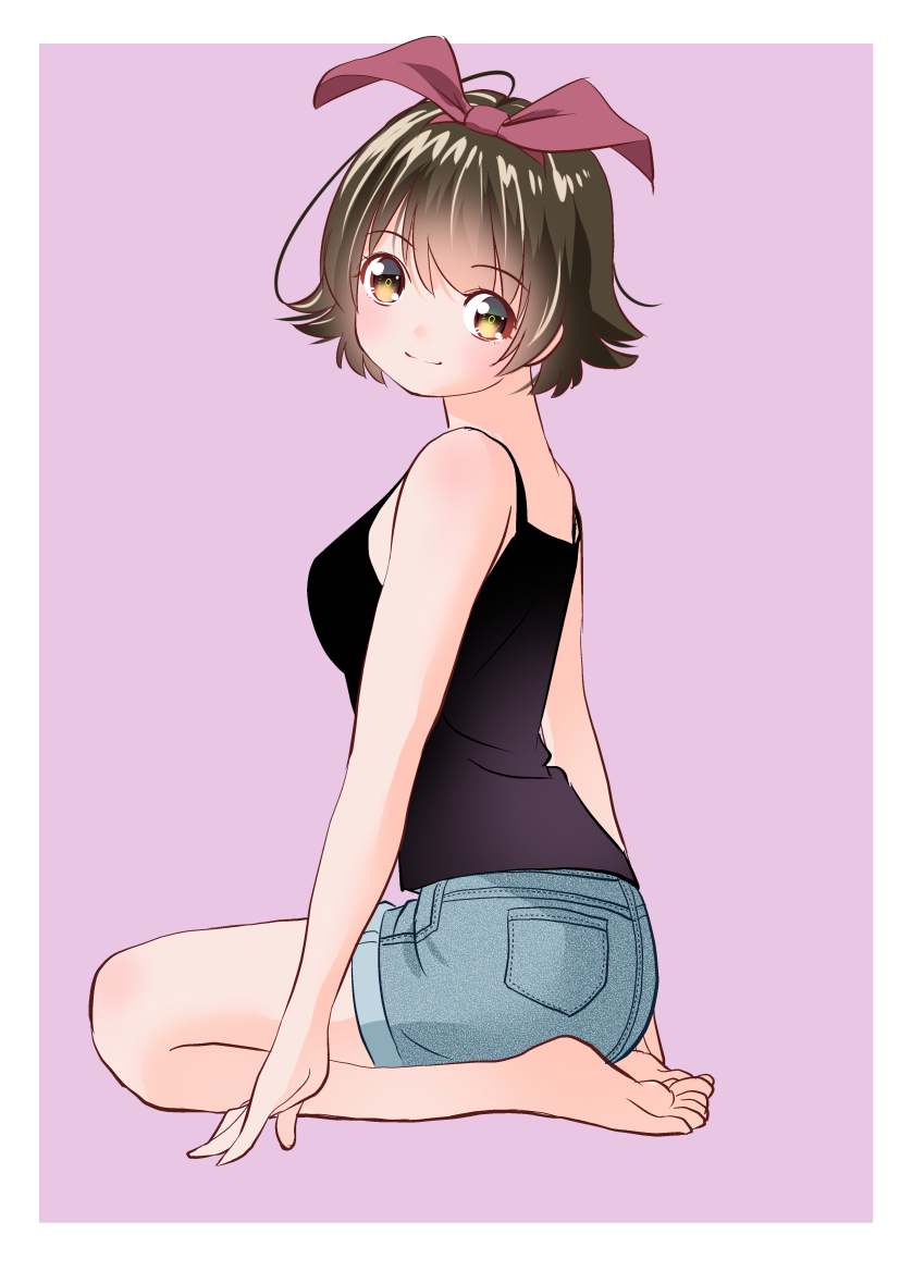 Safebooru - 1girl barefoot black shirt blue shorts border bow bow hairband brown eyes brown hair ...