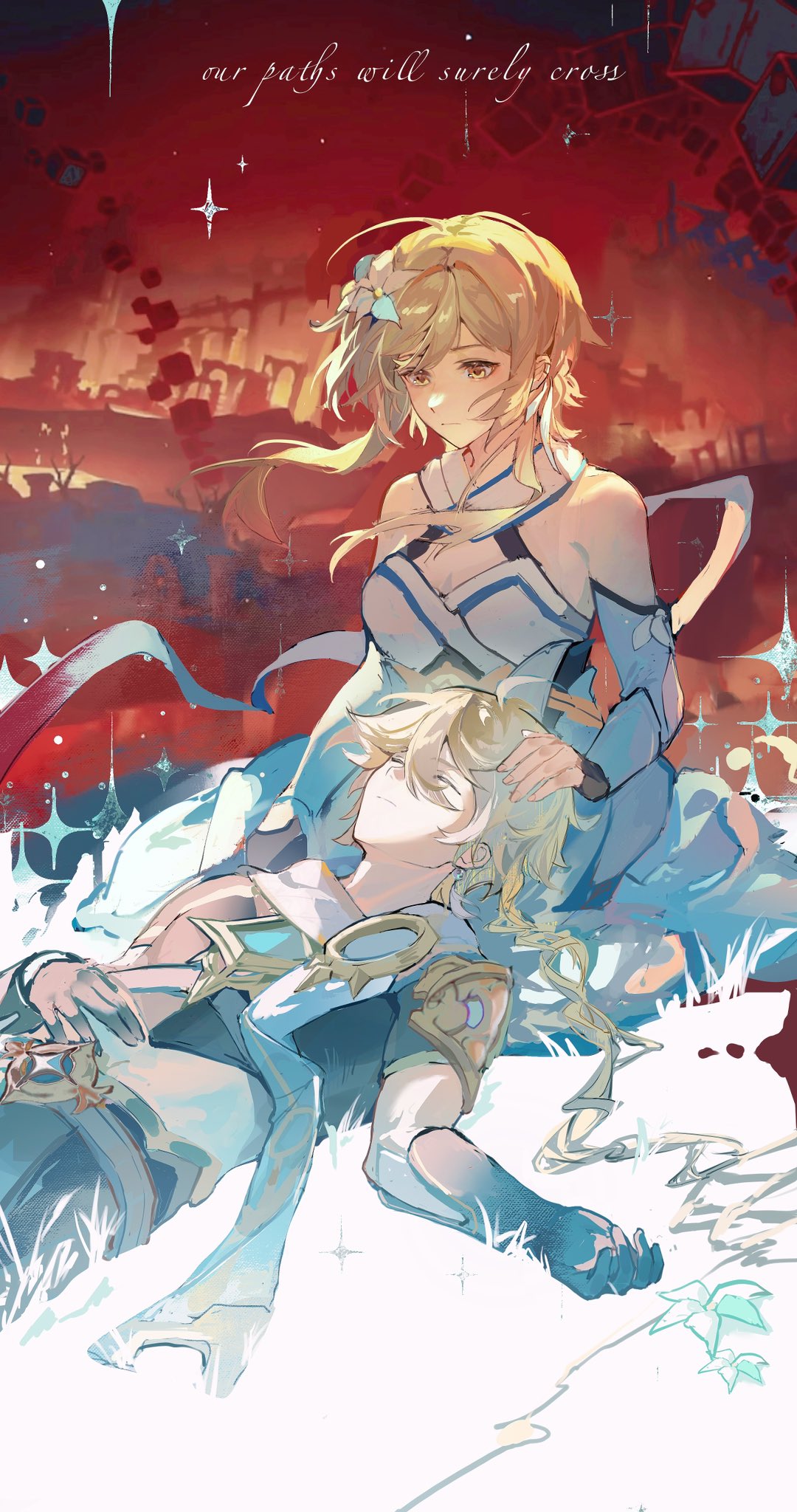 Safebooru - 1boy 1girl aether (genshin impact) ahoge bare shoulders black gloves black pants ...