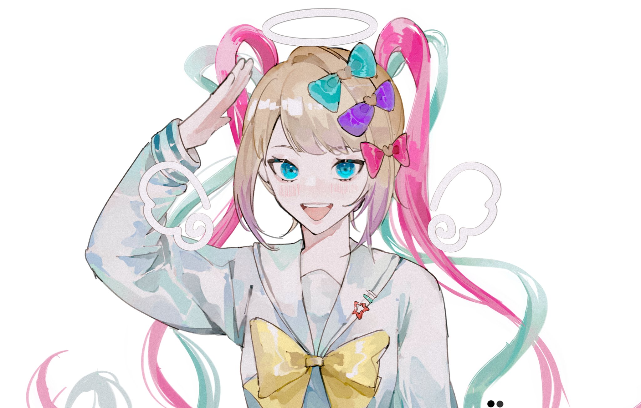 Safebooru - 1girl :d arm up blonde hair blue bow blue eyes blue hair blue shirt bow ...