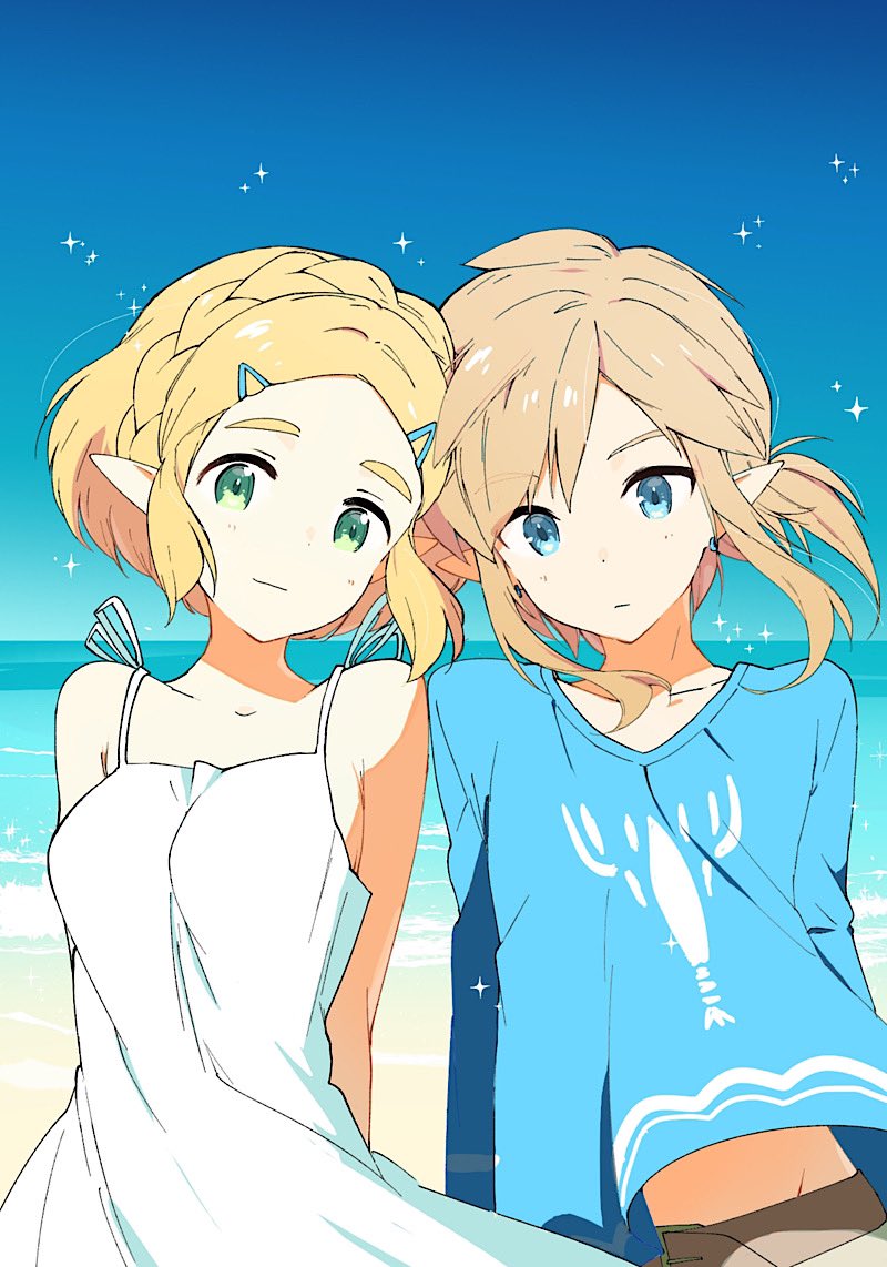 Safebooru - 1boy 1girl bare shoulders beach blonde hair blue eyes blue shirt braid breasts ...