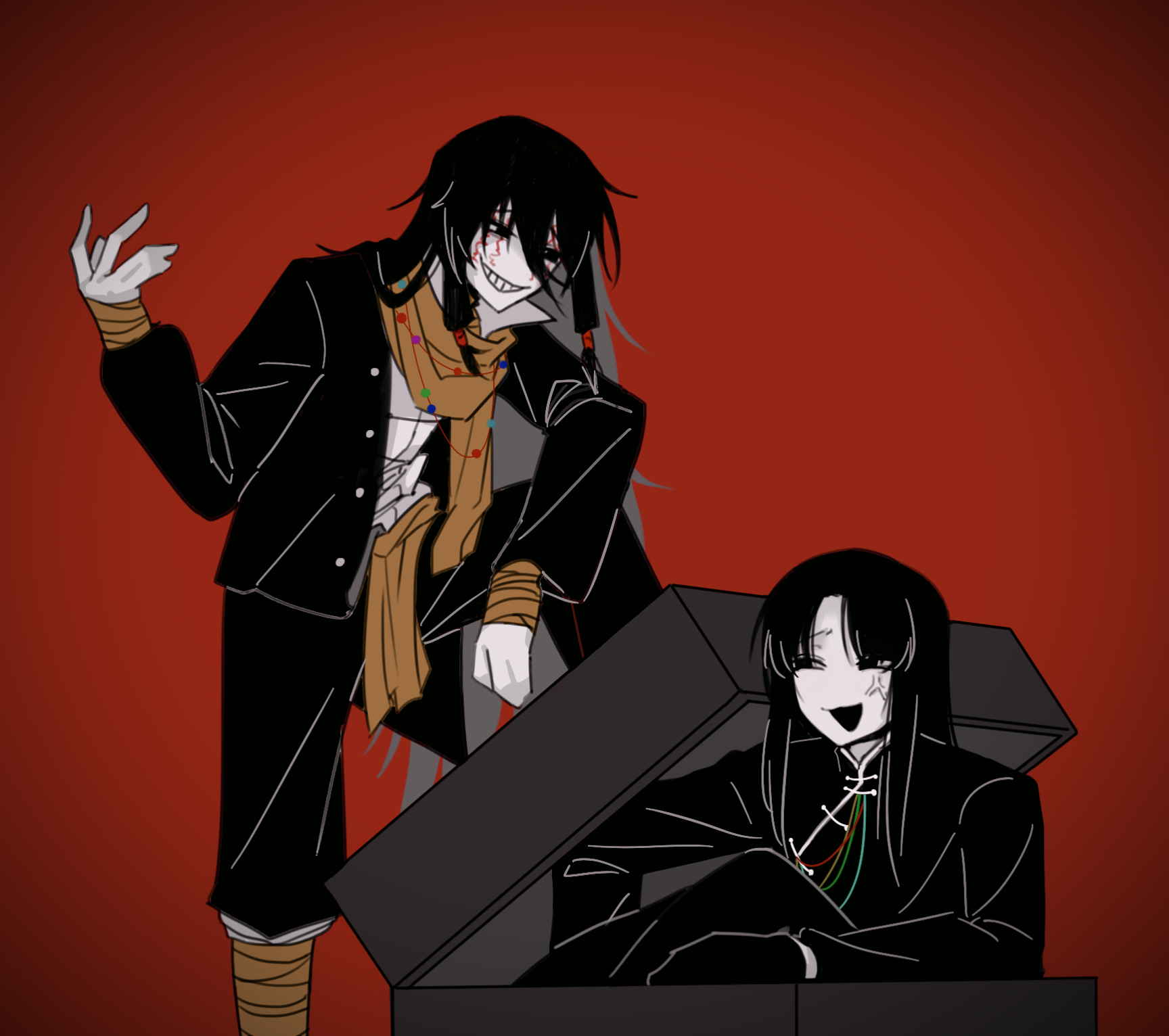 Safebooru - 2boys anger vein bandaged arm bandaged leg bandages black eyes black gloves black ...