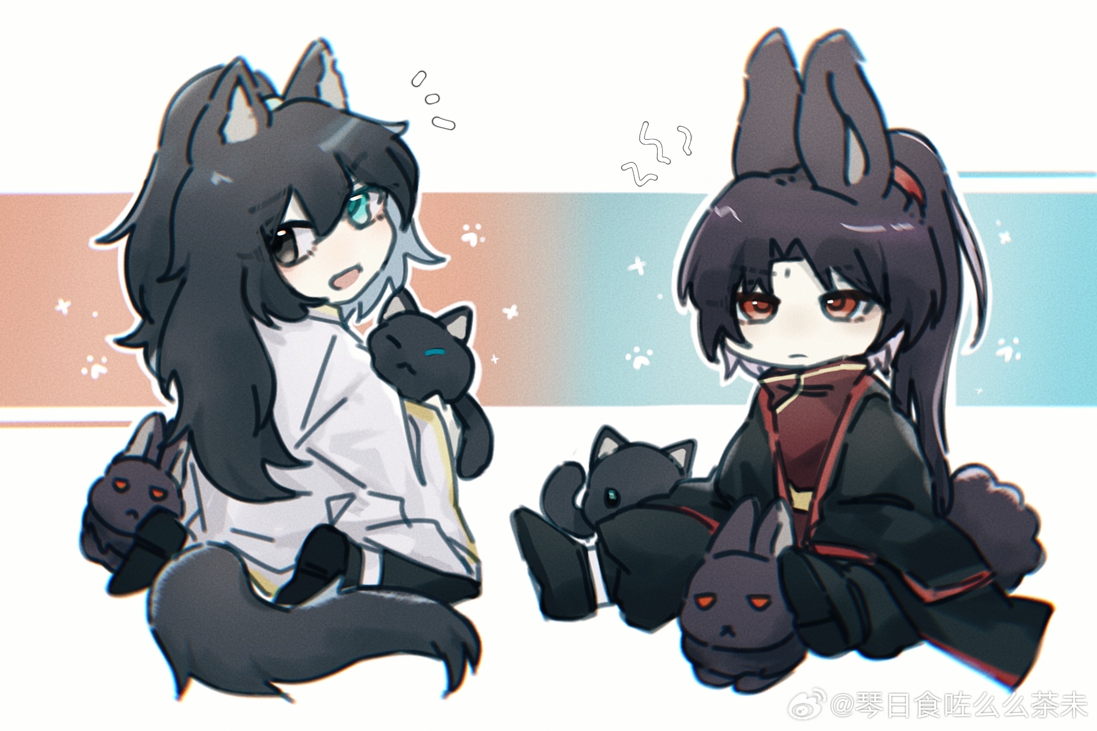 Safebooru - 2boys animal ears aqua eyes black coat black eyes black hair coat half updo ...
