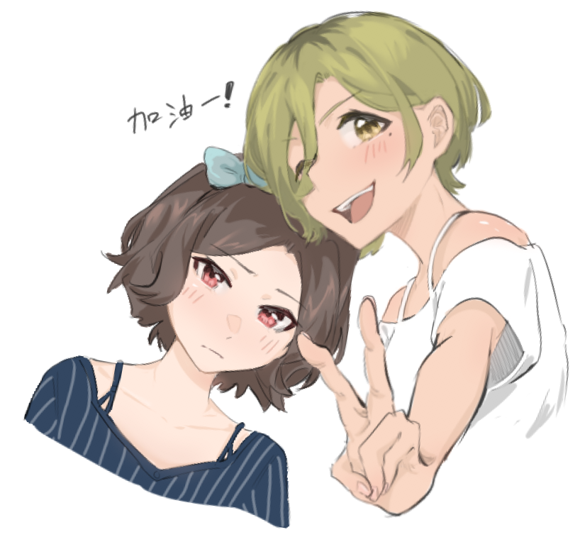 Safebooru - 2girls blue bow blue shirt blush bow closed mouth ebizuka tomo enanbender girls band ...