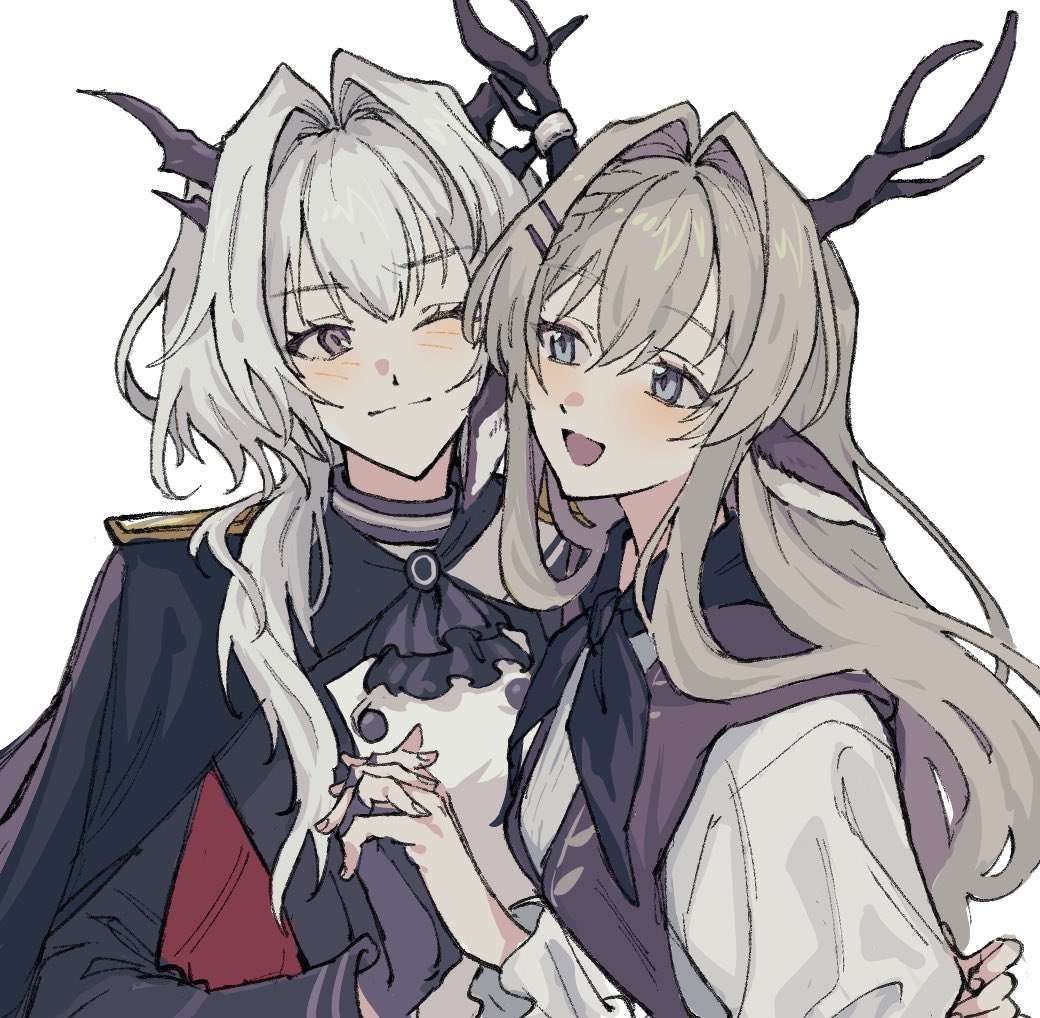 Safebooru - 2girls :d alina (arknights) animal ears antlers arknights arm around waist ascot ...