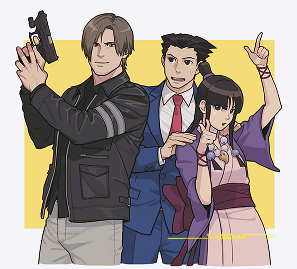 Safebooru - 1girl 2boys ace attorney black hair blonde hair blue eyes blue suit capcom curtained ...