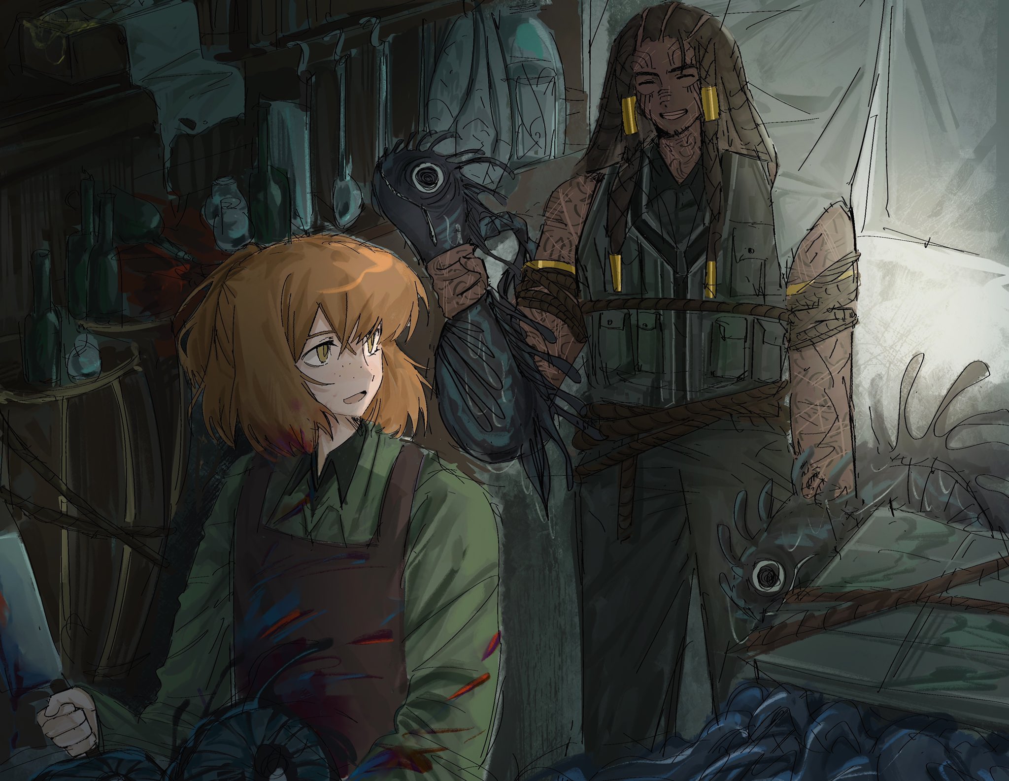 Safebooru - 2girls apron barrel bottle braid brown apron brown hair ...