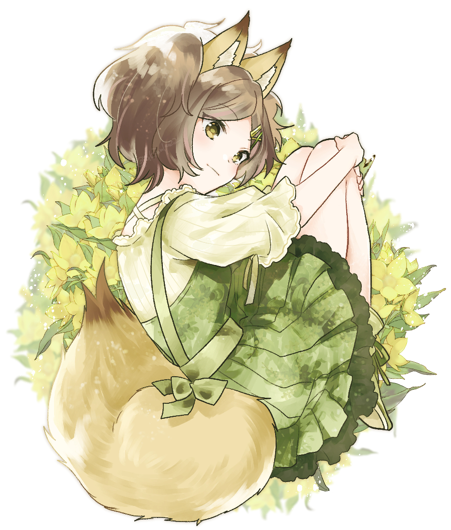 Safebooru - 1girl alternate hairstyle animal ears brown hair dress flower fox ears fox girl fox ...