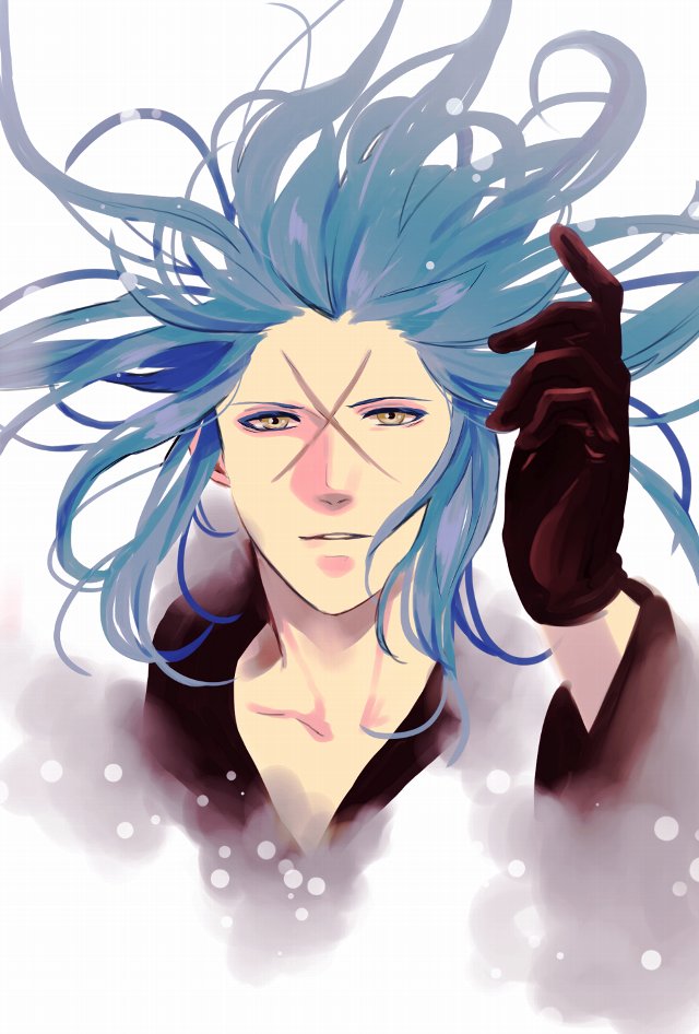 Safebooru - 1boy black gloves blue hair commentary request cropped shoulders cross scar floating ...