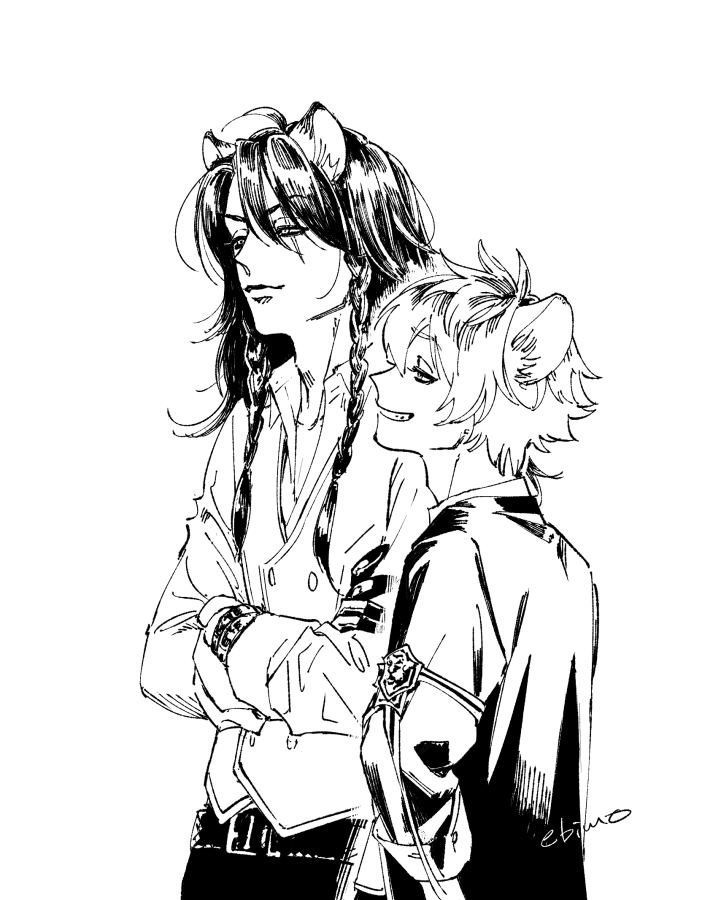 Safebooru - 2boys animal ears belt black belt black pants blazer braid collared shirt crossed ...