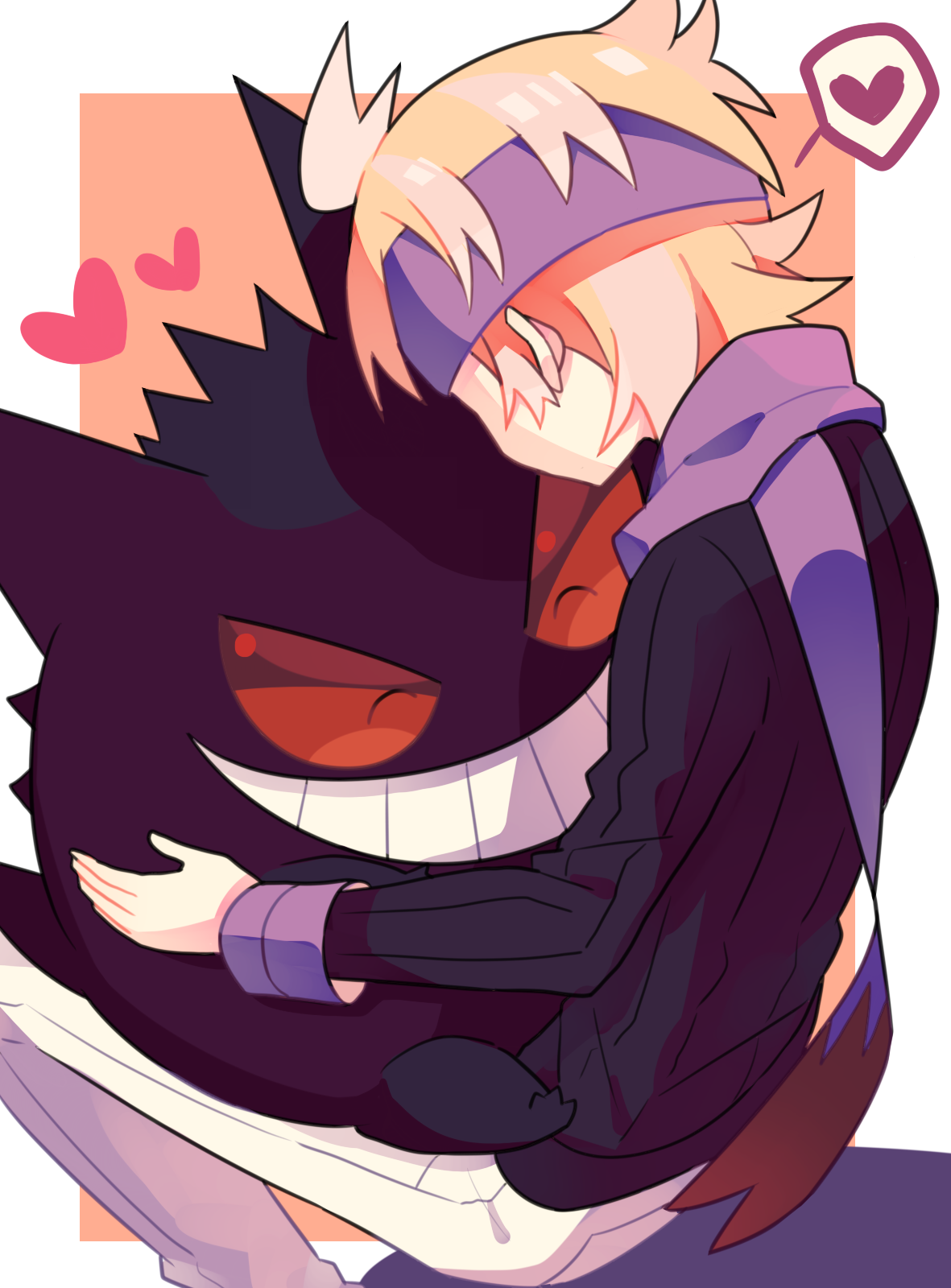 Safebooru - 1boy animal hug black shirt blonde hair border gengar grin ...