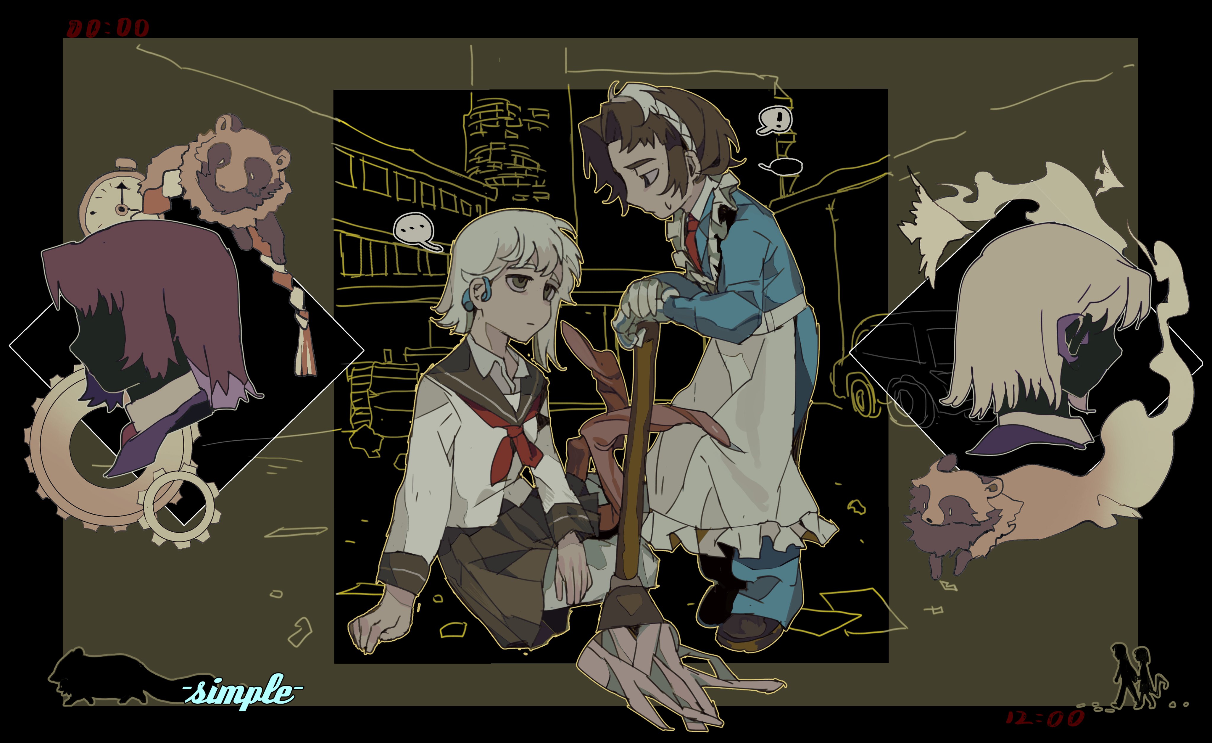 Safebooru - ... 1boy 1girl absurdres analog clock animal apron black background blue pants brown ...