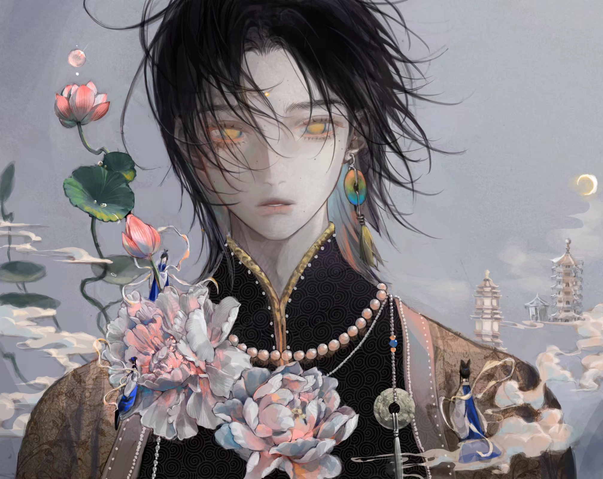 Safebooru - 1boy 3girls architecture bad bcy id bad id bead necklace beads bishounen black hair ...