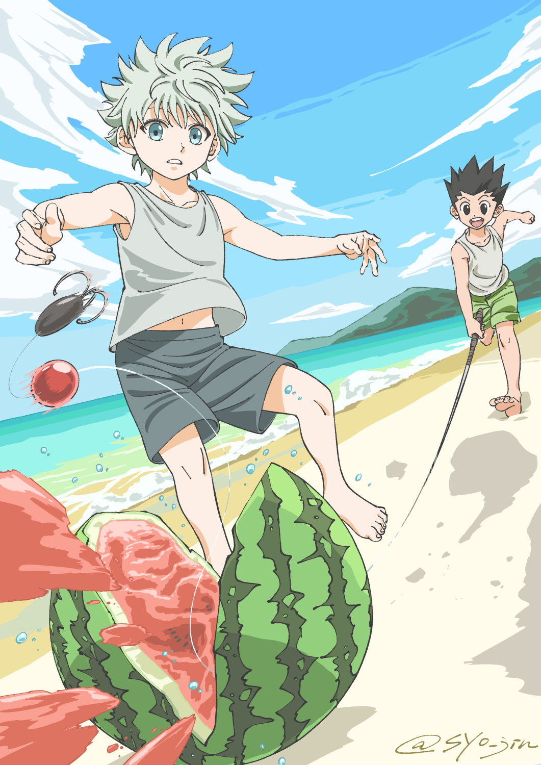 Safebooru - 2boys barefoot beach black hair blue eyes blue sky child clouds commentary request ...